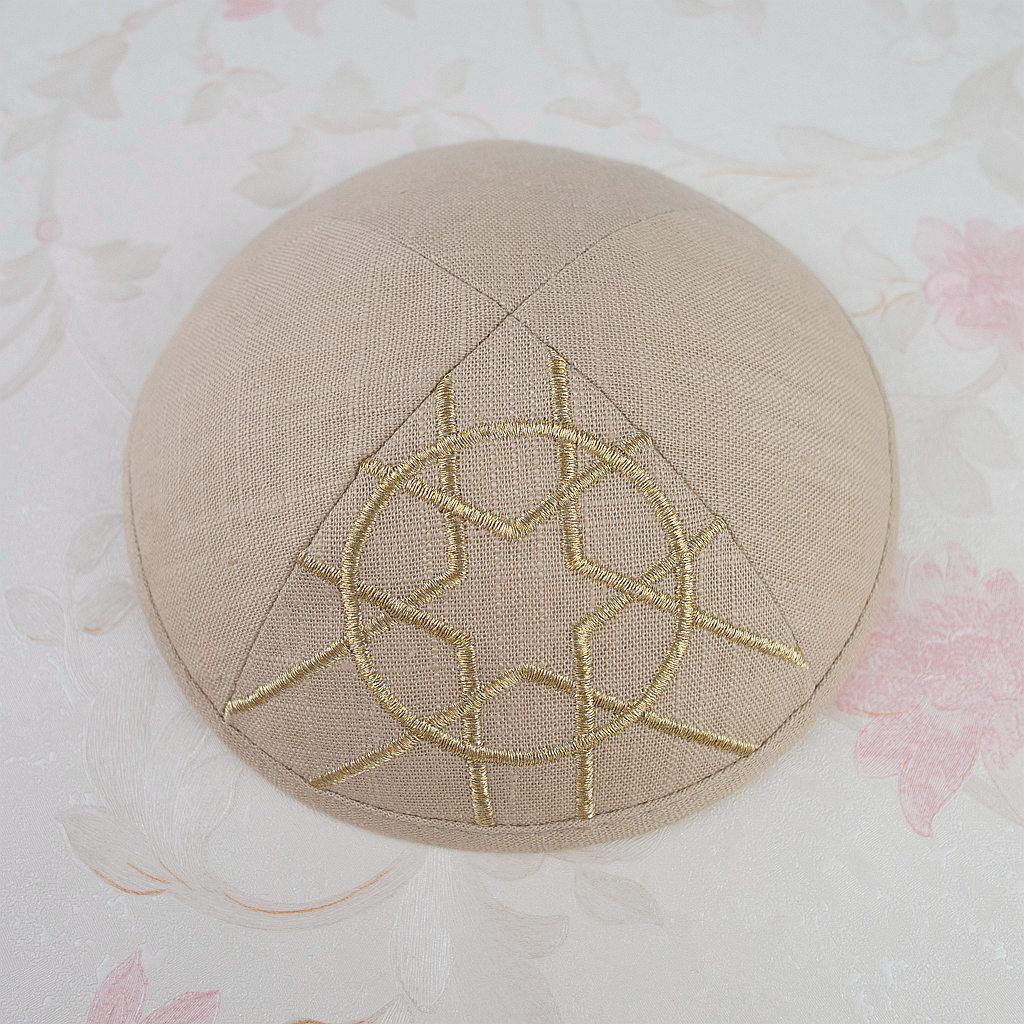 Linen Kippot, Kippah, Yarmulkes Khaki Metallic Thread David Star ...