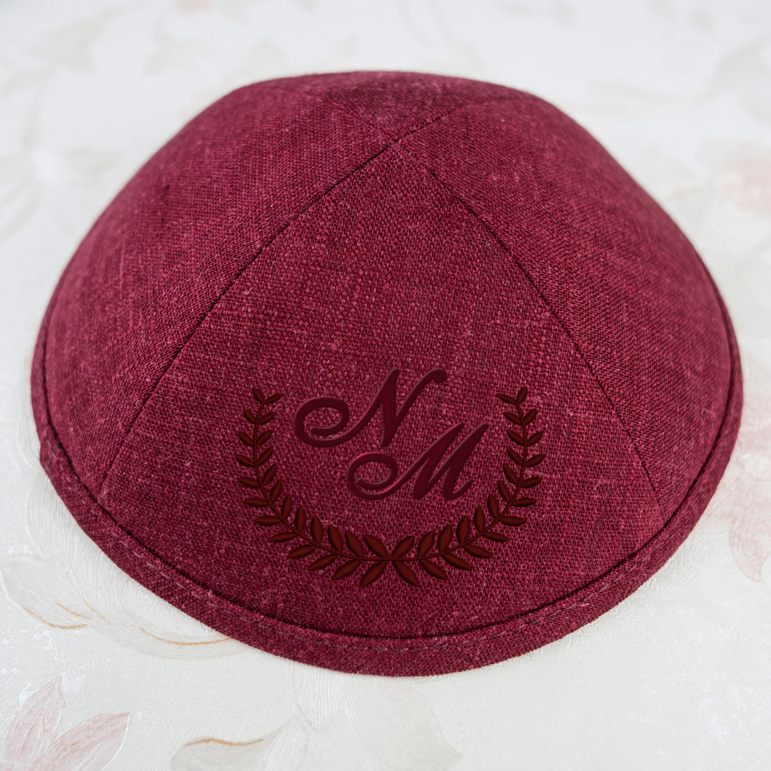 Linen Kippah with Jacquard Floral Satin, Embroidery logo, wedding ...